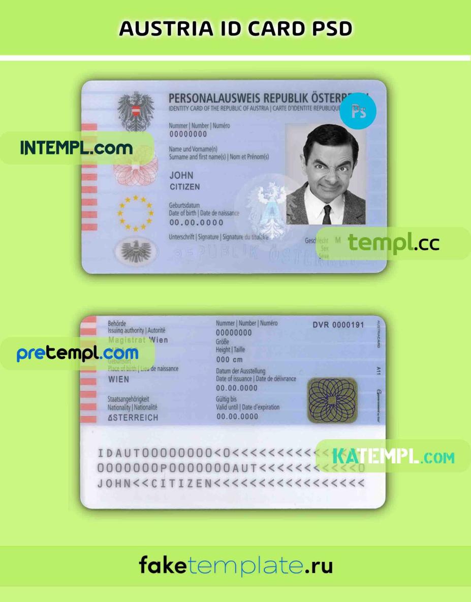 Austria identity card PSD download template