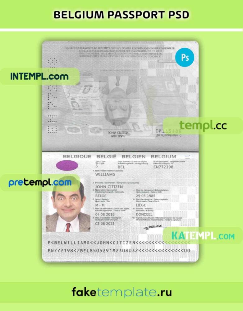 Belgium passport PSD download template, 2017 – present – Intempl
