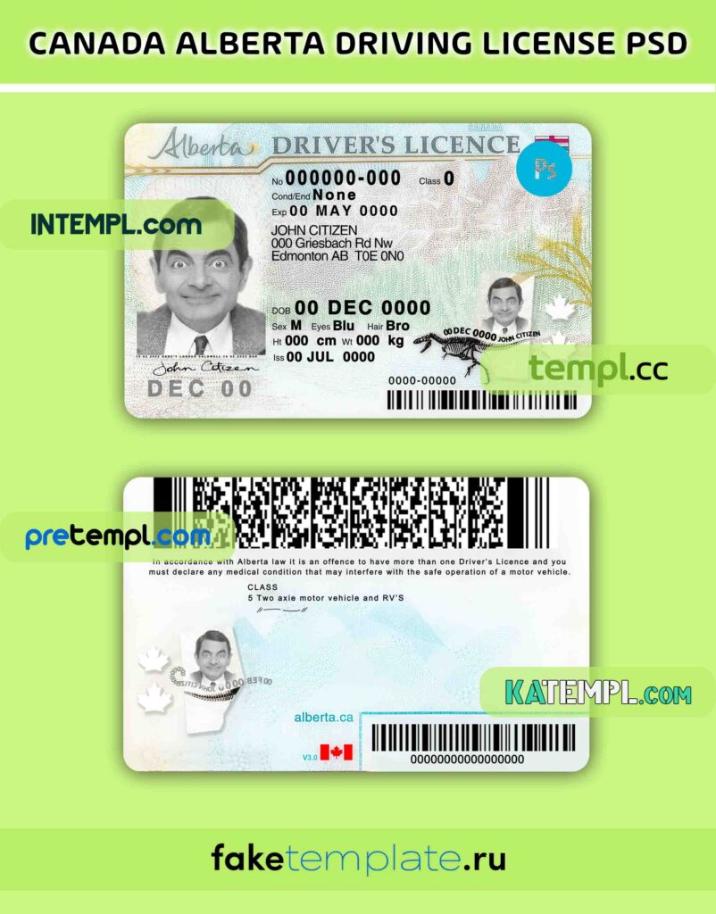 Canada Alberta province driving license PSD download template