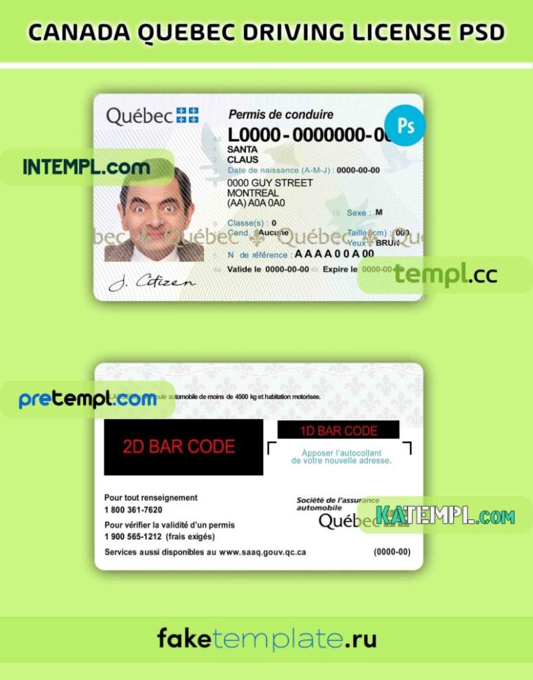 Canada Quebec driving license PSD download template