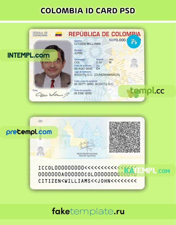 Colombia identity card PSD download template, 2020 - present