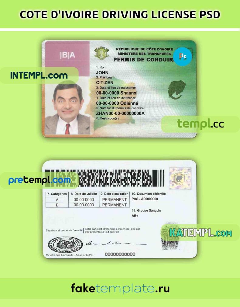 Cote D'ivoire driving license PSD download template