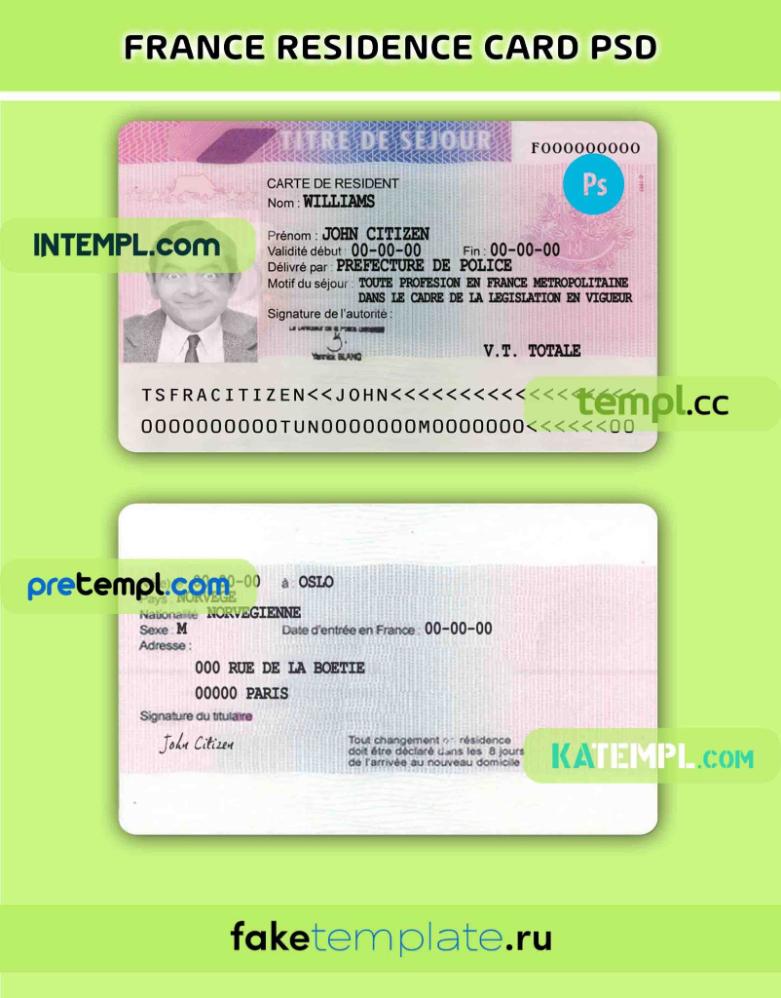 France residence permit card PSD download template, version 3