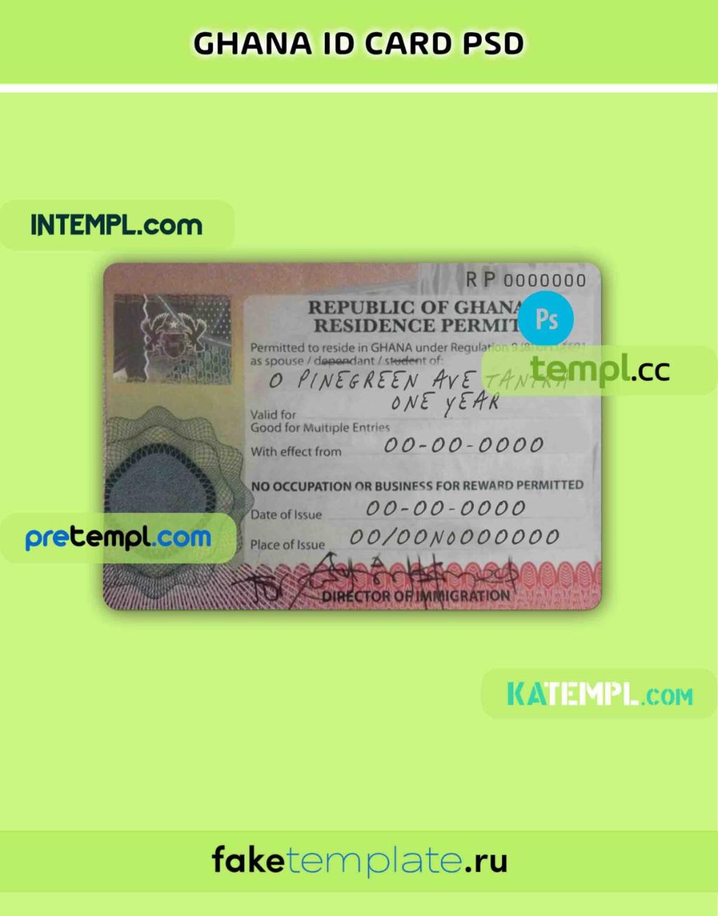 Ghana residence permit card PSD download template