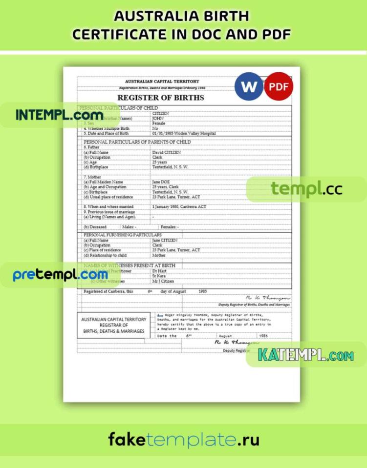 Australia Western Australia birth certificate PDF and Word download template, version 2