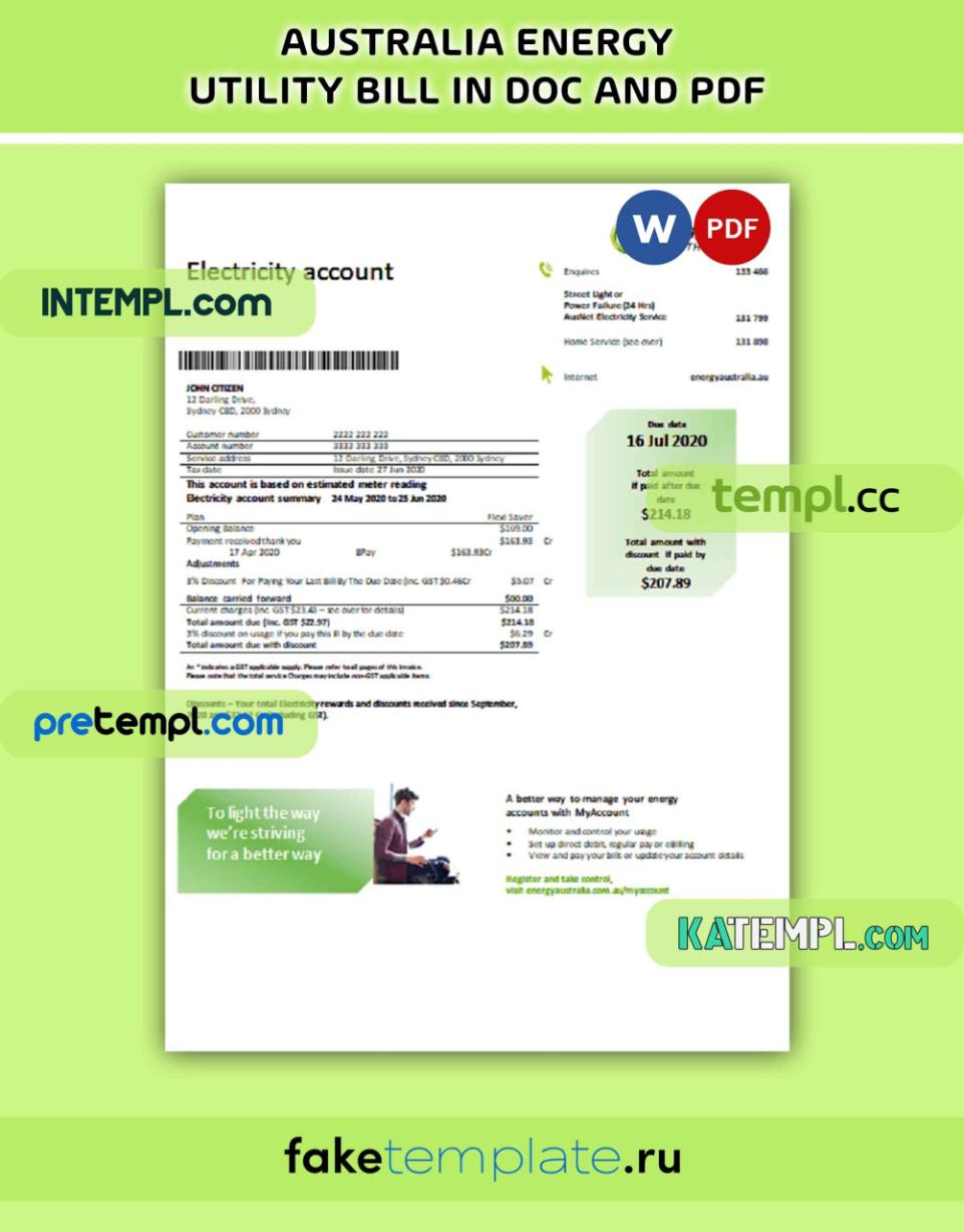 Australia Energy Australia Electricity Utility Bill PDF And Word Australia Energy Australia Electricity Utility Bill PDF And Word