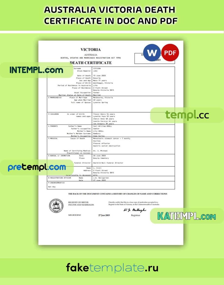 Australia Victoria death certificate PDF and Word download template
