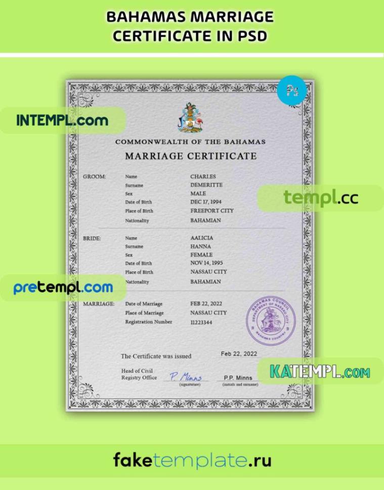 Bahamas marriage certificate PSD download template