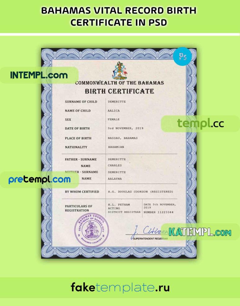 Bahamas vital record birth certificate PSD download template