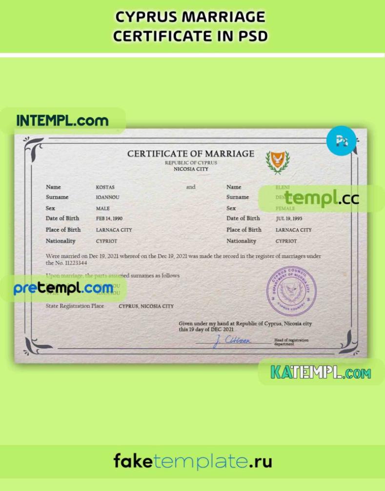 Cyprus marriage certificate PSD download template