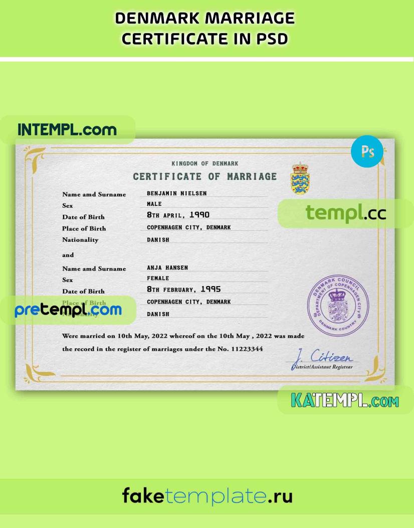 Denmark marriage certificate PSD download template