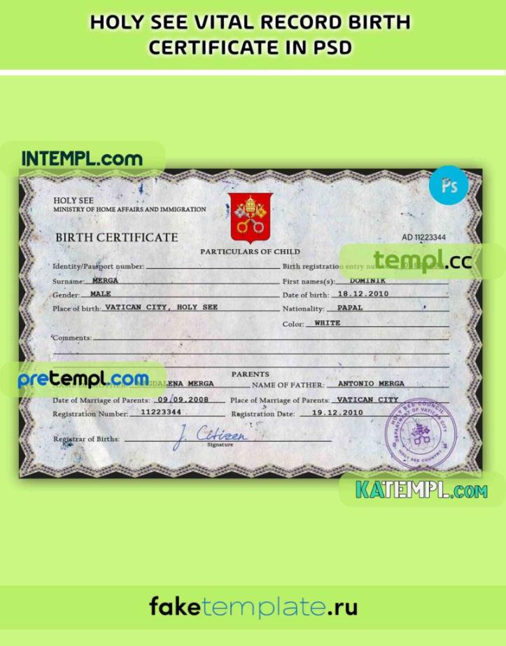 Holy See vital record birth certificate PSD download template