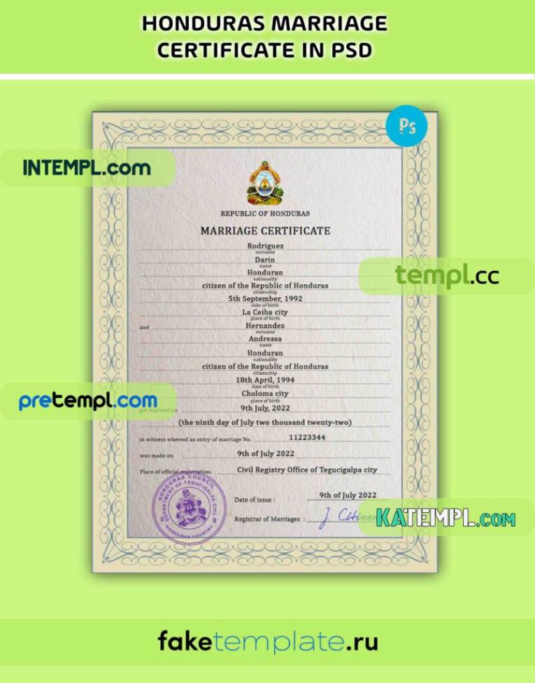 Honduras marriage certificate PSD download template