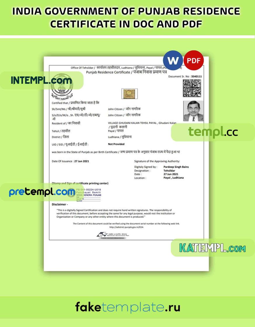 India Government of Punjab Residence Certificate template in Word and ...