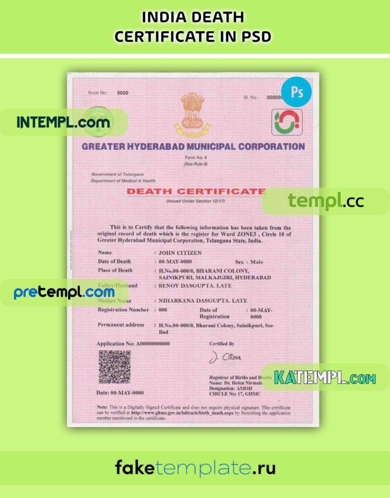India death certificate template in PSD format, fully editable