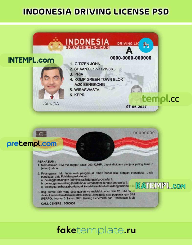 Indonesia driving license PSD download template, 2019-present