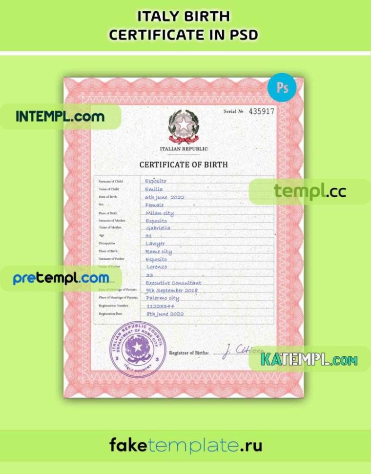 Italy birth certificate PSD download template