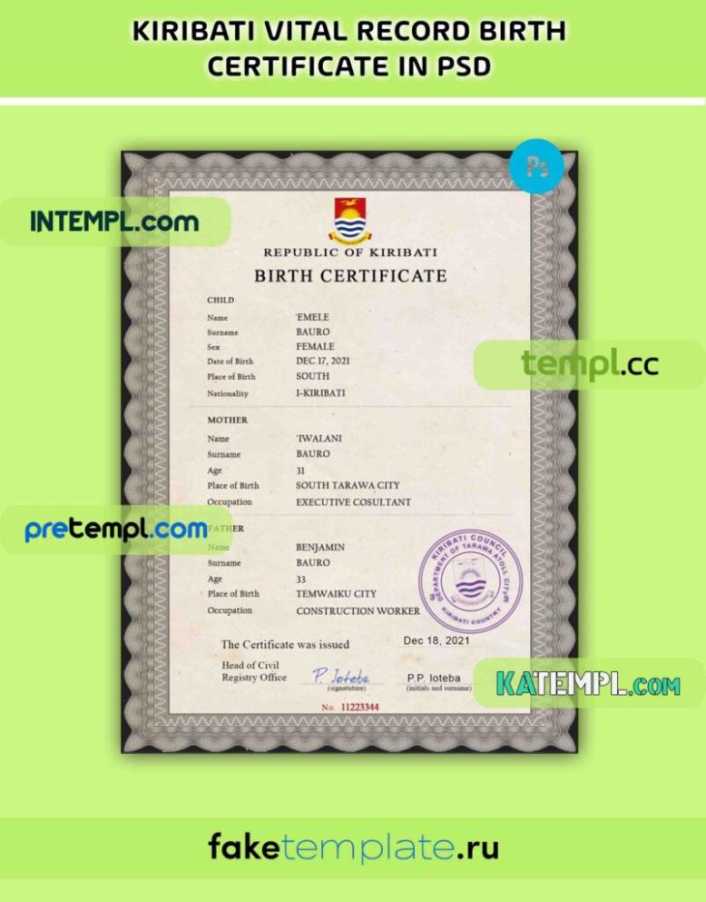 Kiribati vital record birth certificate PSD download template