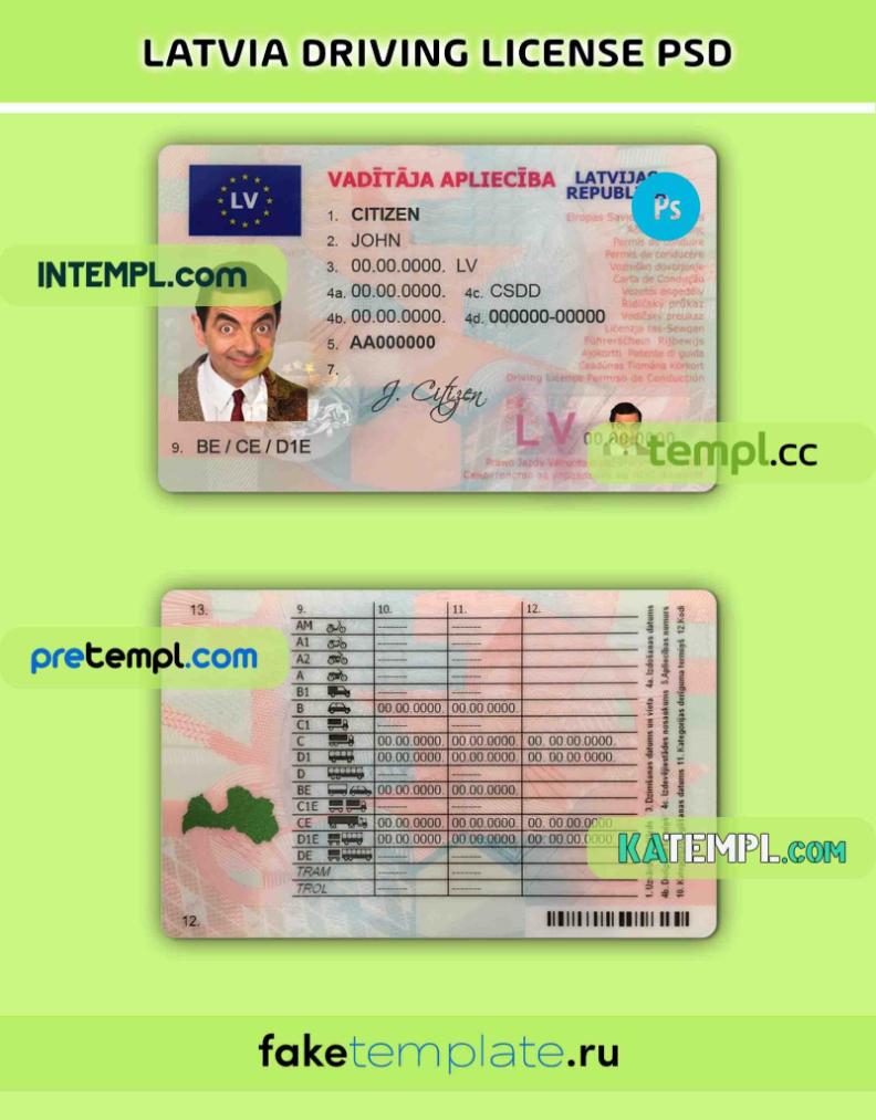 Latvia driving license PSD download template