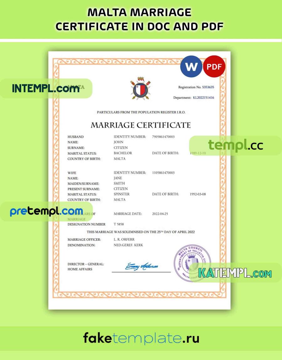 Malta marriage certificate PDF and Word download template – Intempl