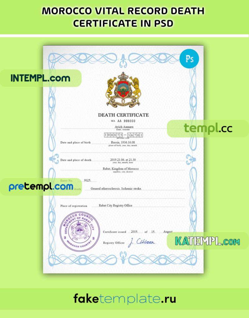 Morocco death certificate PSD download template – Intempl