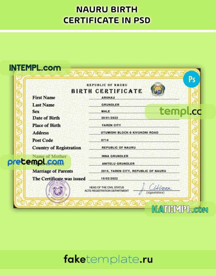 Nauru Bangladesh birth certificate PSD download template