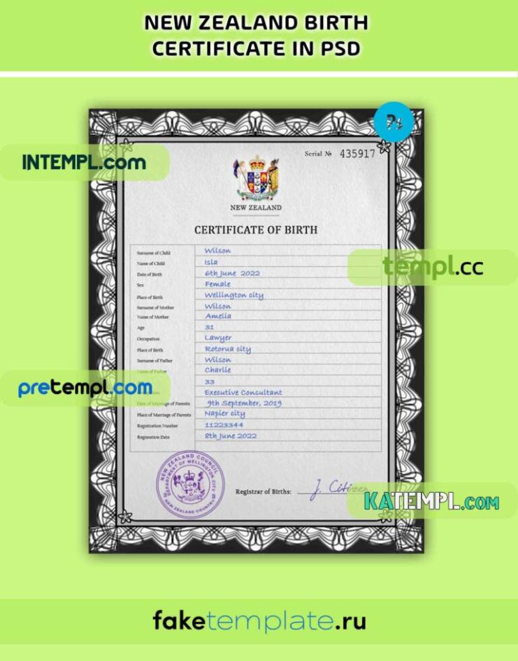 New Zealand birth certificate PSD download template