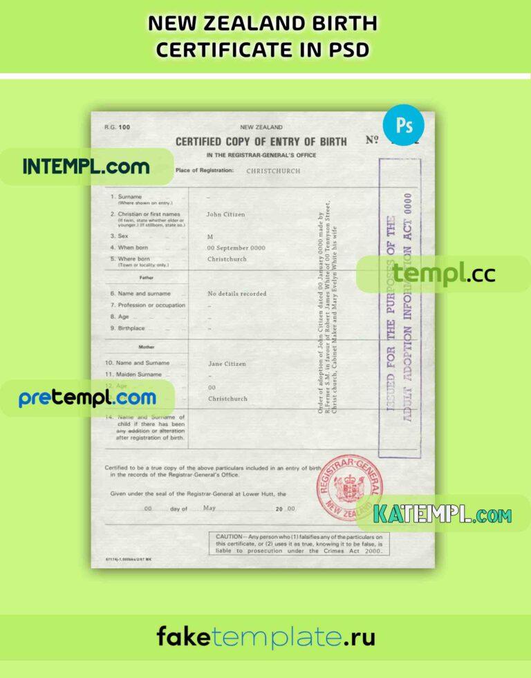 New Zealand birth certificate template in PSD format