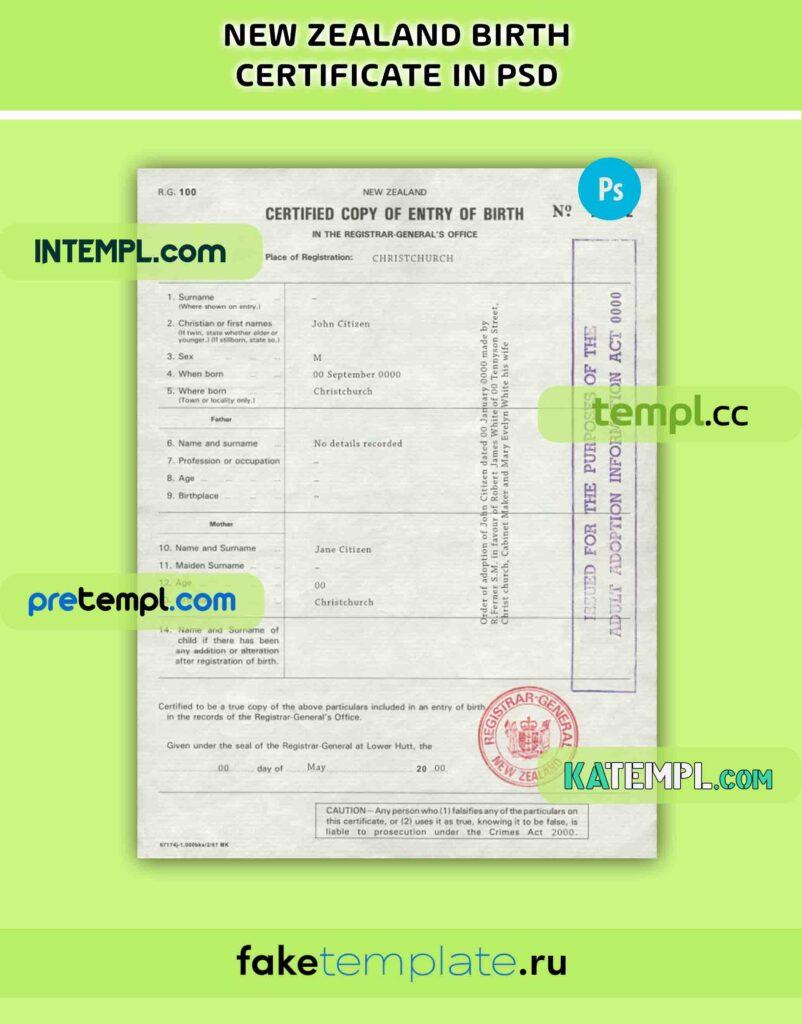 New Zealand birth certificate template in PSD format