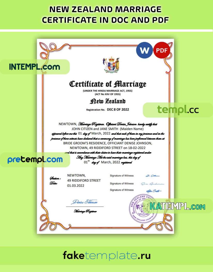 New Zealand marriage certificate PDF and Word download template – Intempl