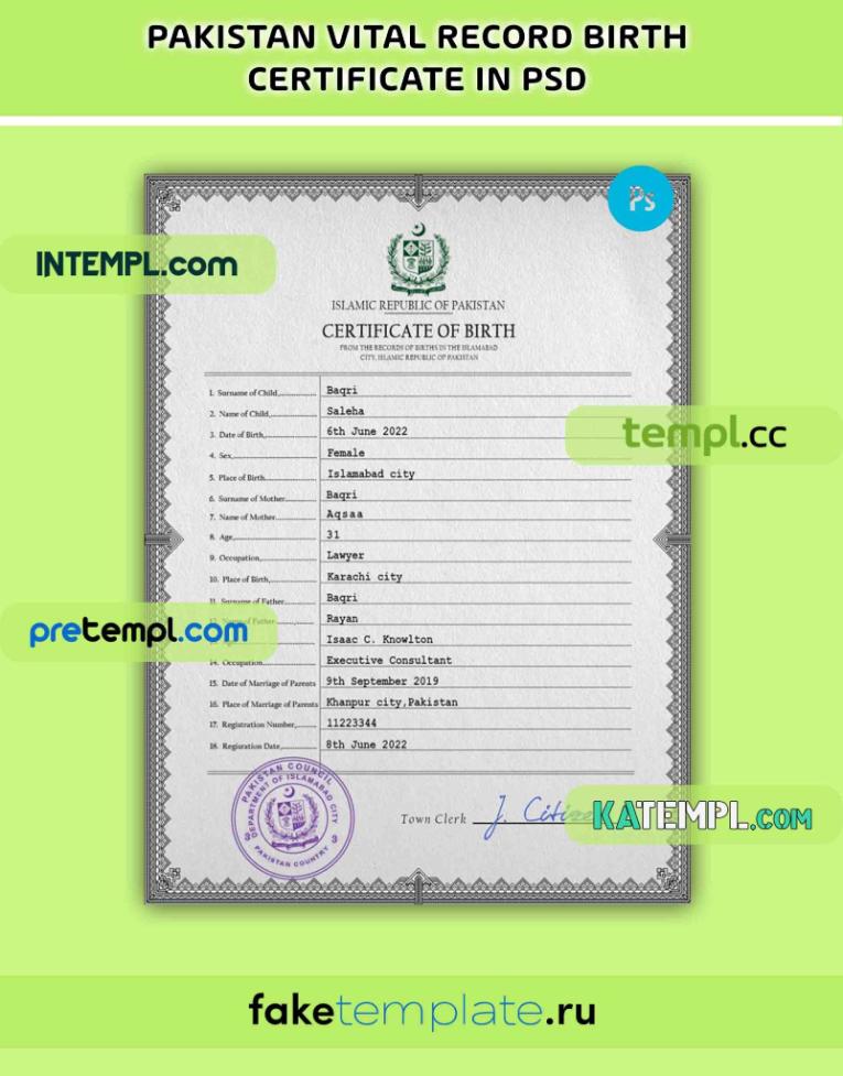 Pakistan vital record birth certificate PSD download template