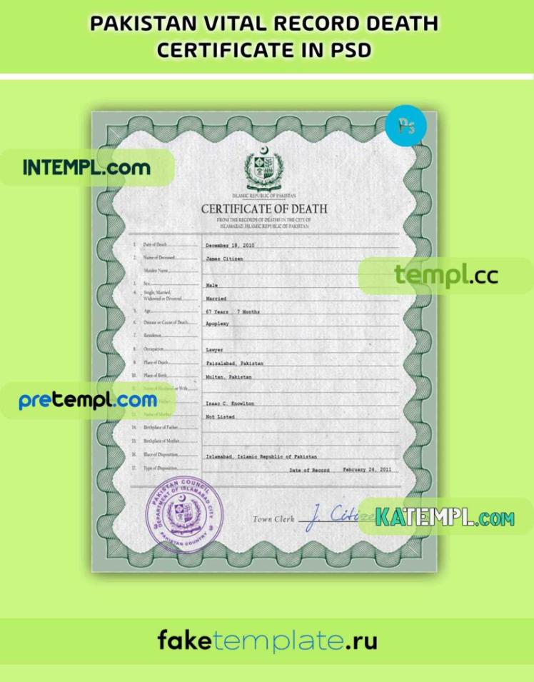 Pakistan vital record death certificate PSD download template