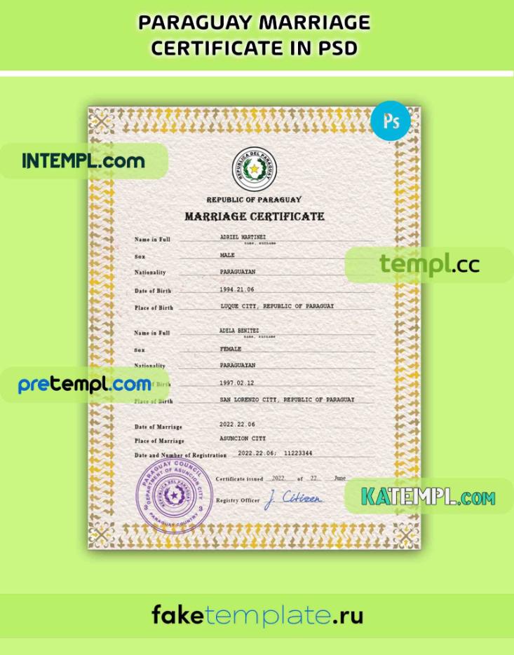 Paraguay marriage certificate PSD download template – Intempl