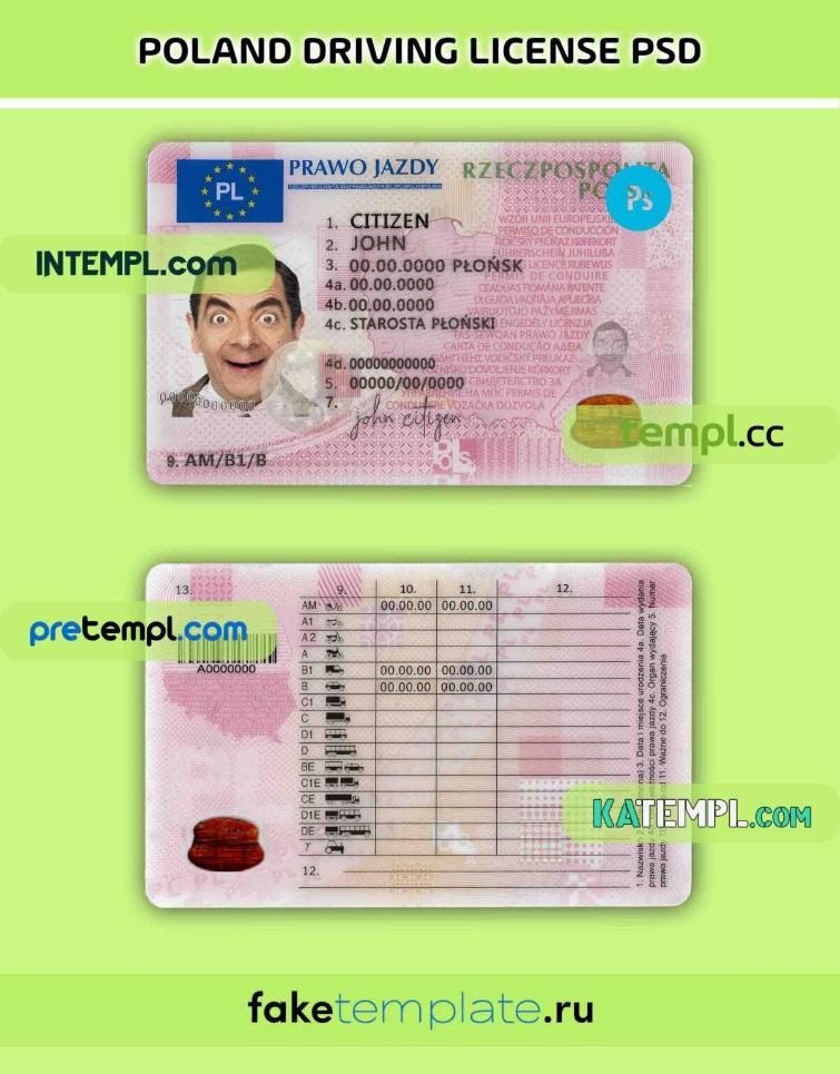 Poland driving license PSD download template, 2019-present