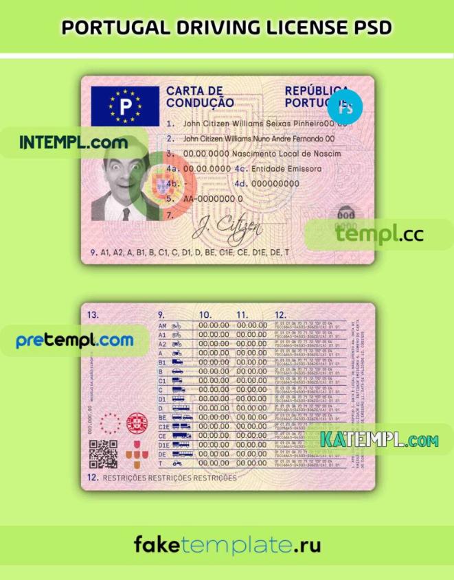 Portugal driving license PSD download template, with fonts