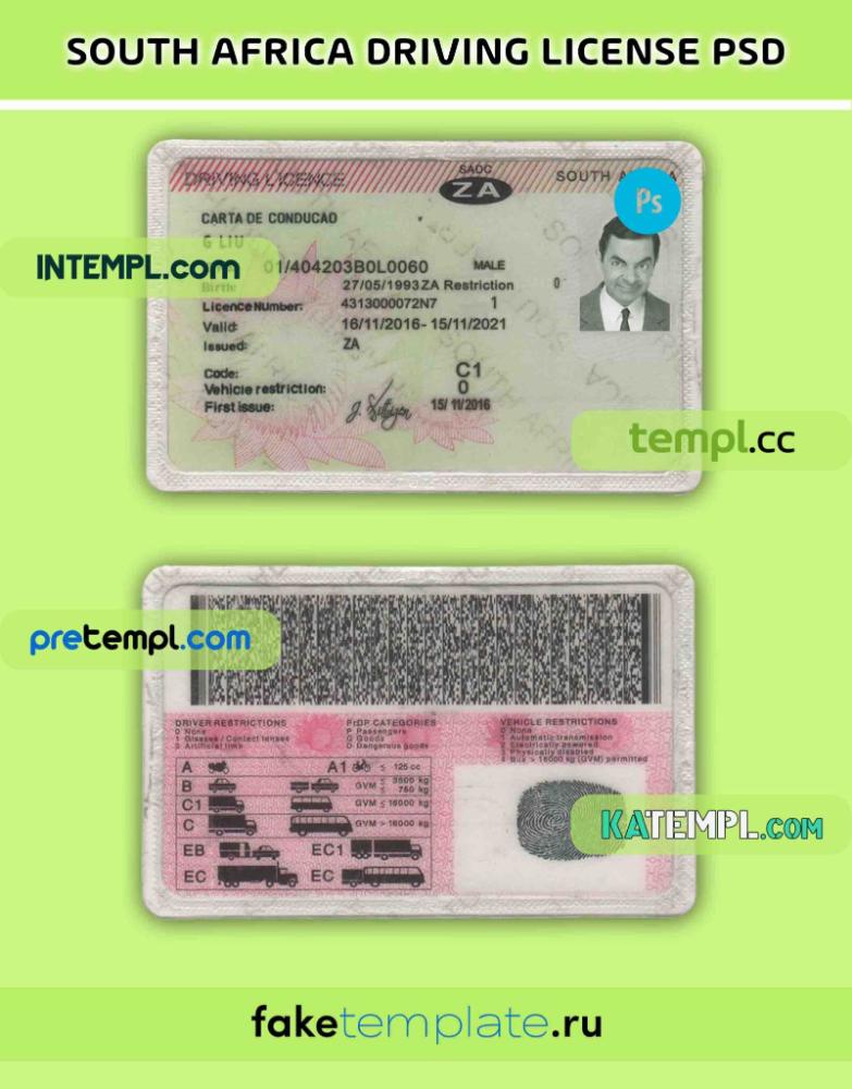 South Africa driving license PSD download template