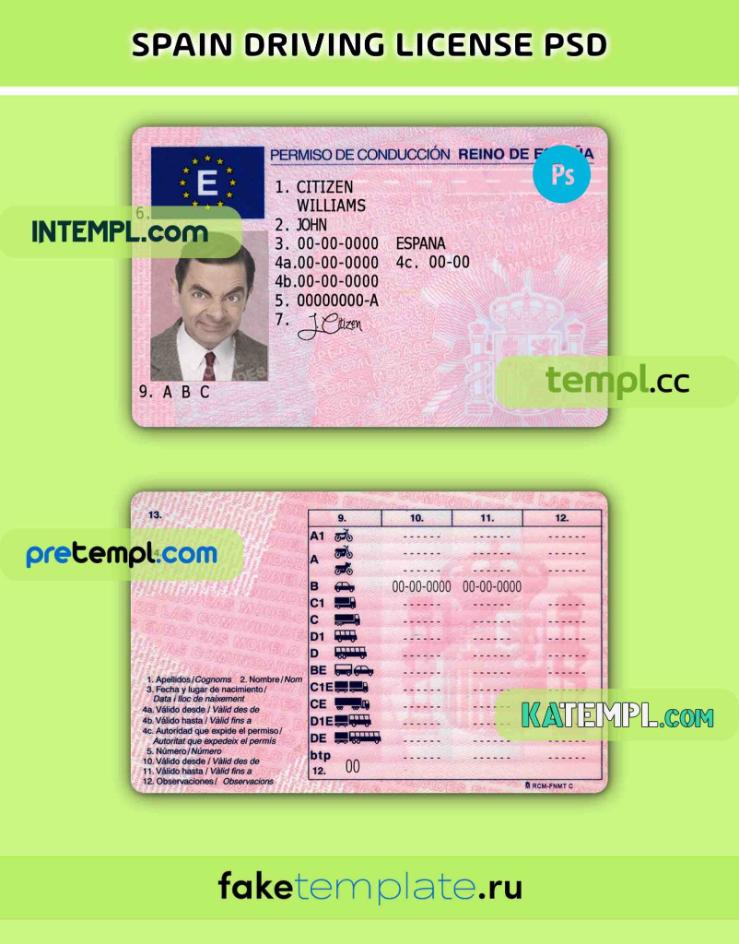 Spain driving license PSD download template