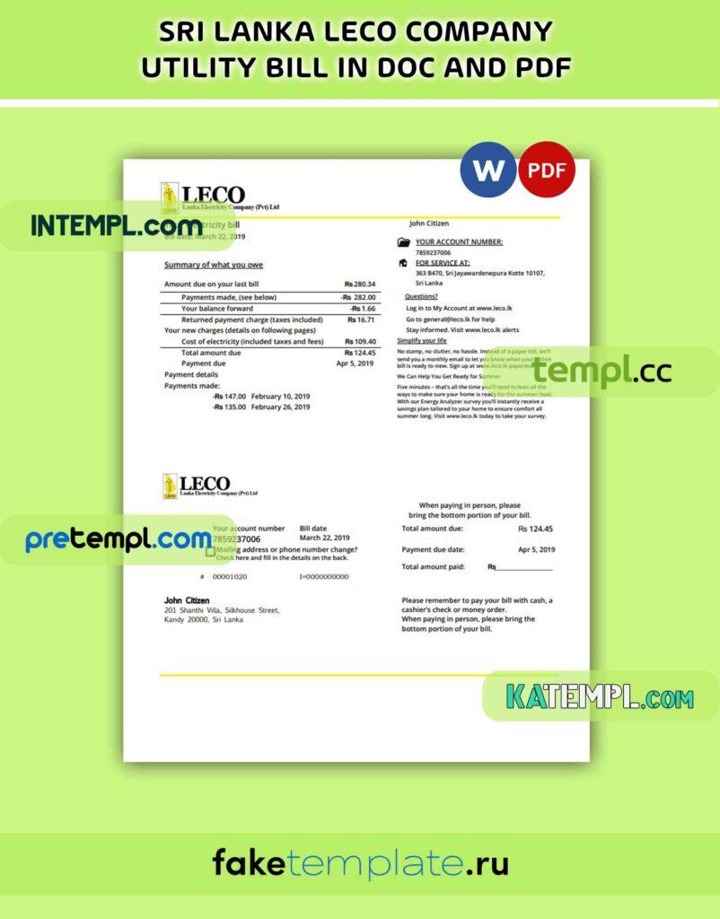 Sri Lanka LECO Company electricity utility bill, PDF and Word download ...