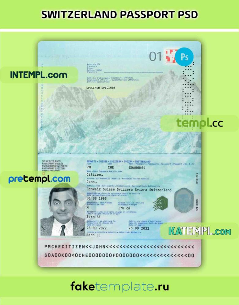 Switzerland passport PSD download template, 2022-present – Intempl