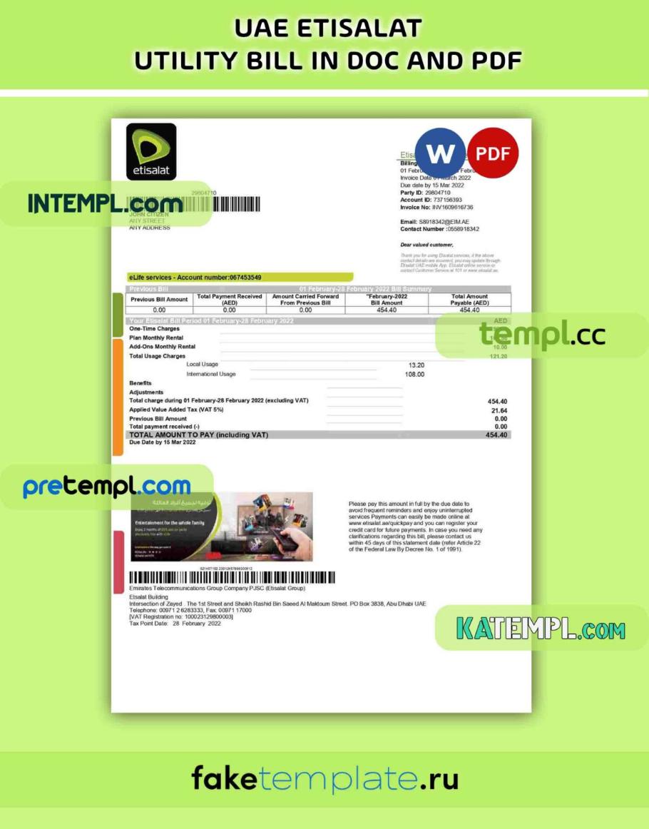 UAE Etisalat utility bill, PDF and Word download template