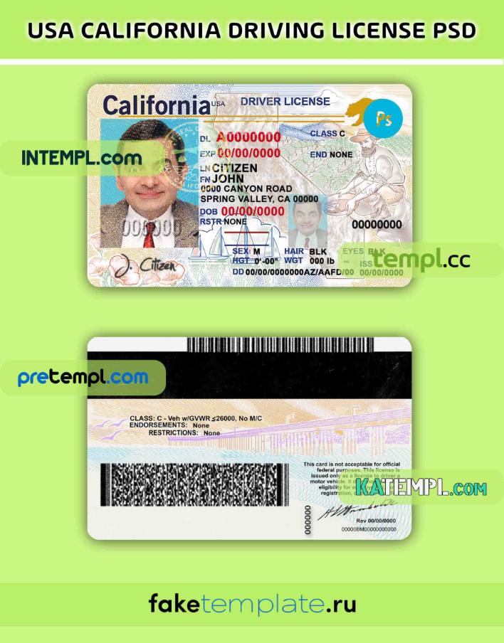 USA California driving license PSD download template, 2018 January-present