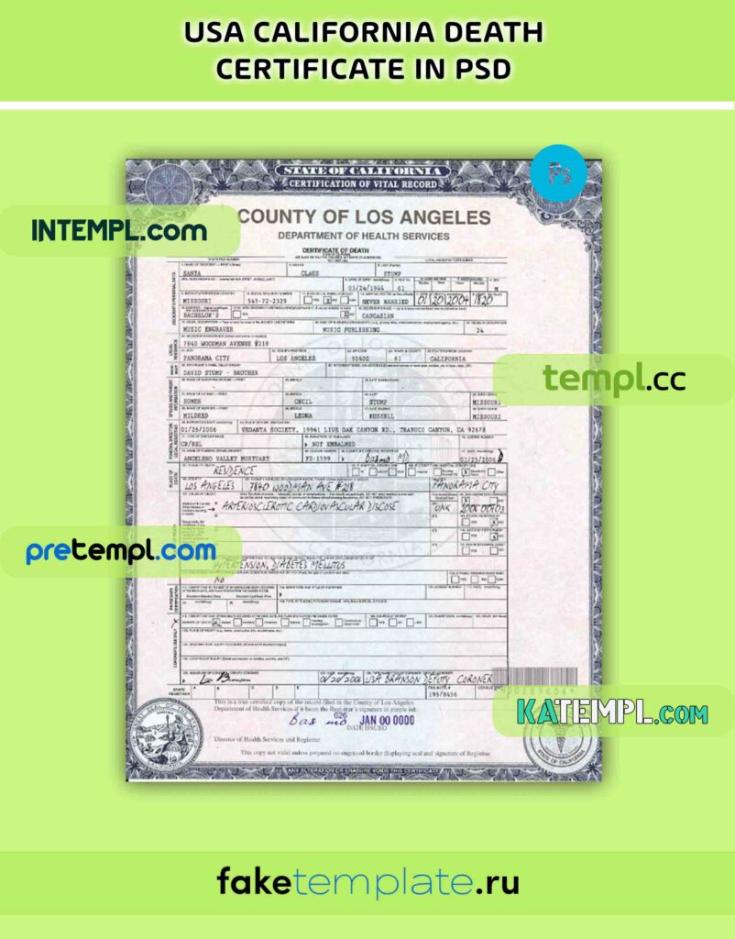 USA California Death certificate PSD download template
