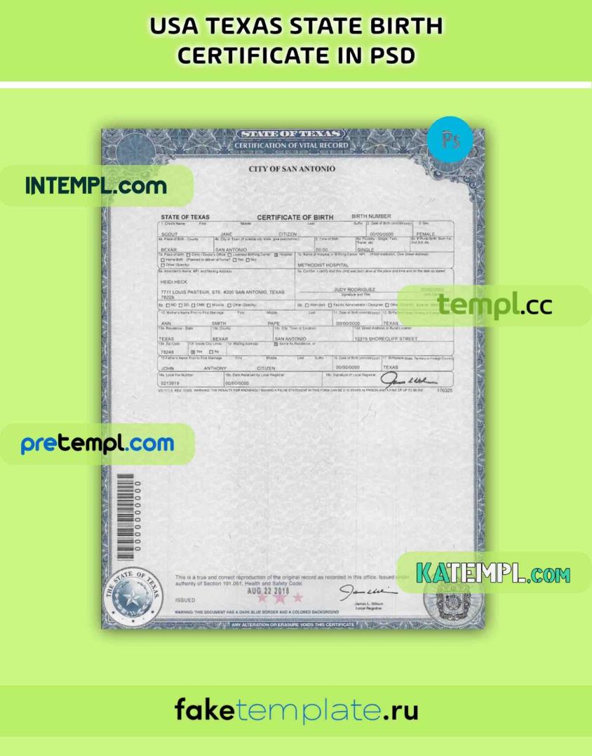 USA Texas state birth certificate PSD download template