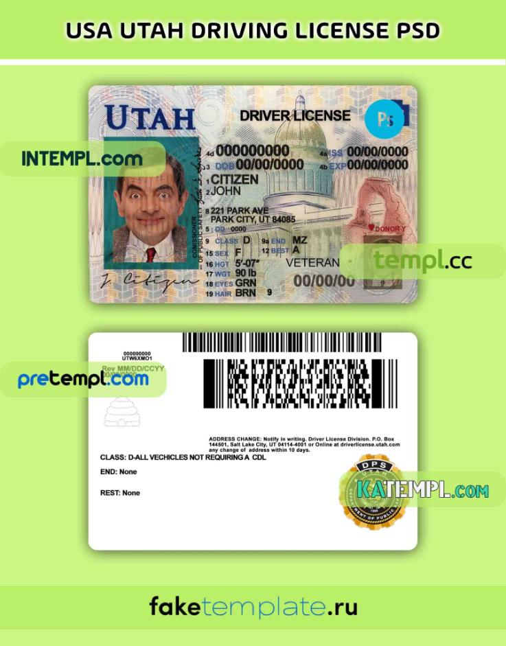 USA Utah driving license PSD download template