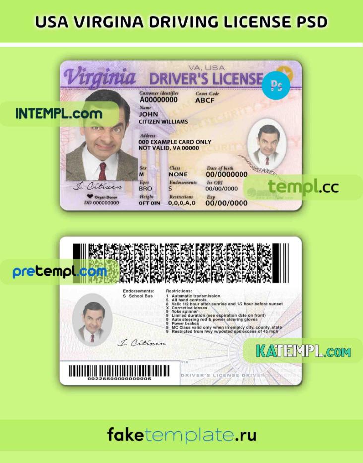 USA Virginia driving license PSD download template – Intempl