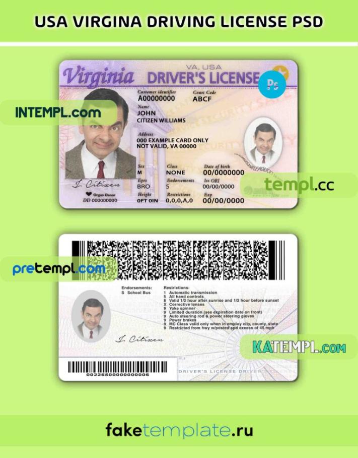 USA Virginia driving license PSD download template – Intempl