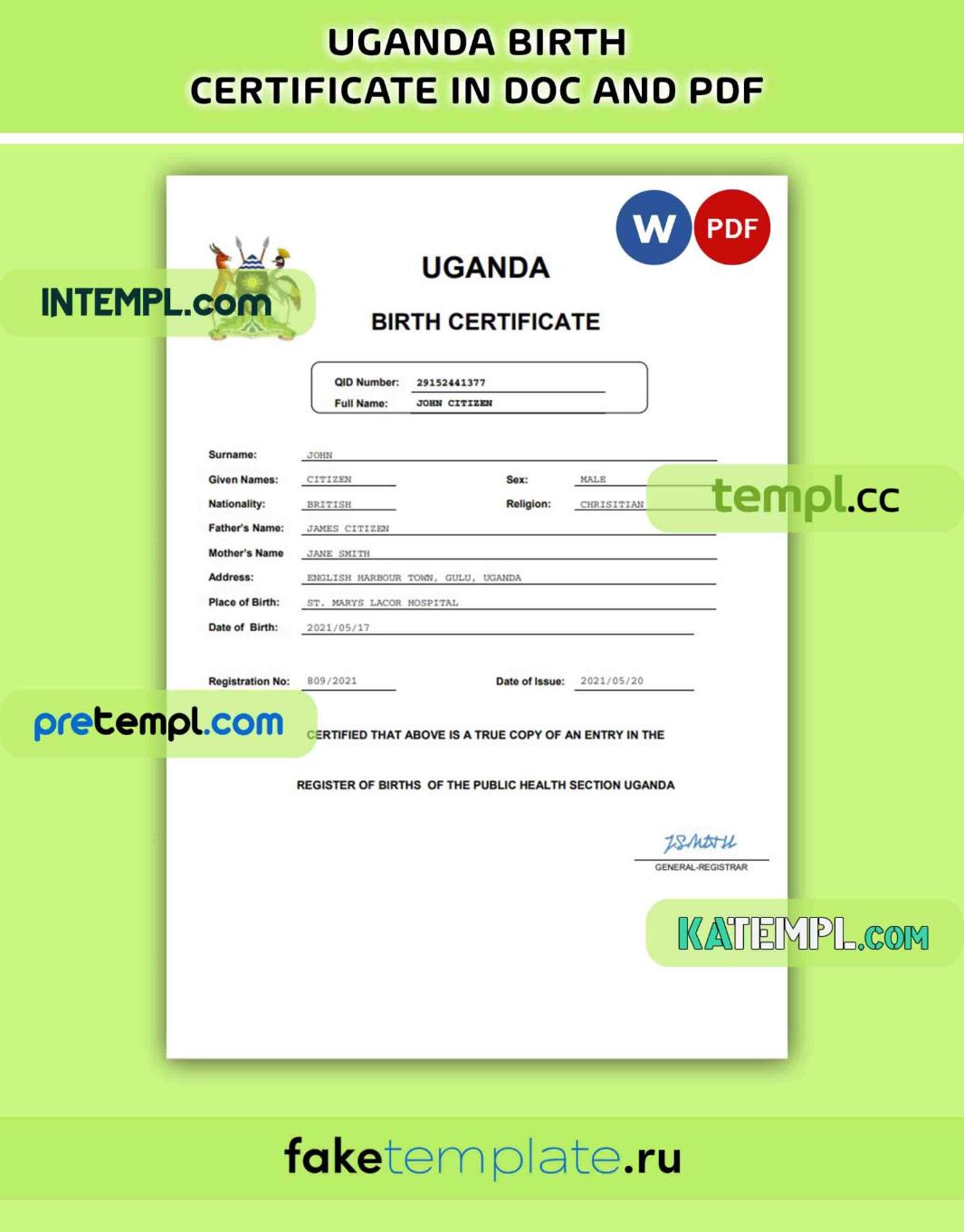 Uganda birth certificate PDF and Word download template