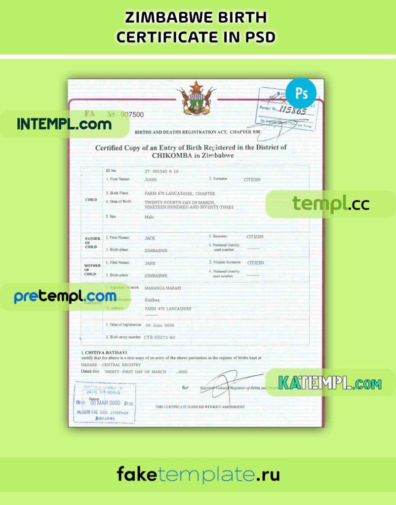 Zimbabwe birth certificate PSD download template