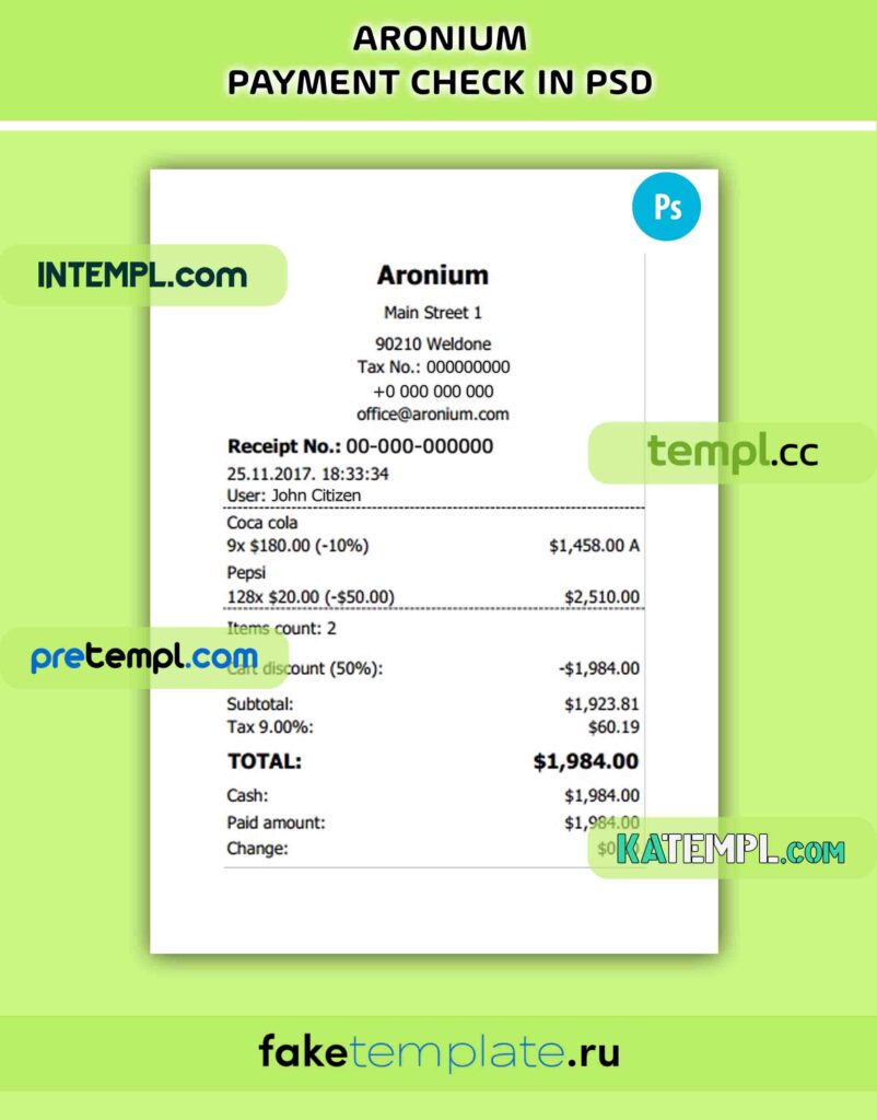 ARONIUM payment check PSD download template