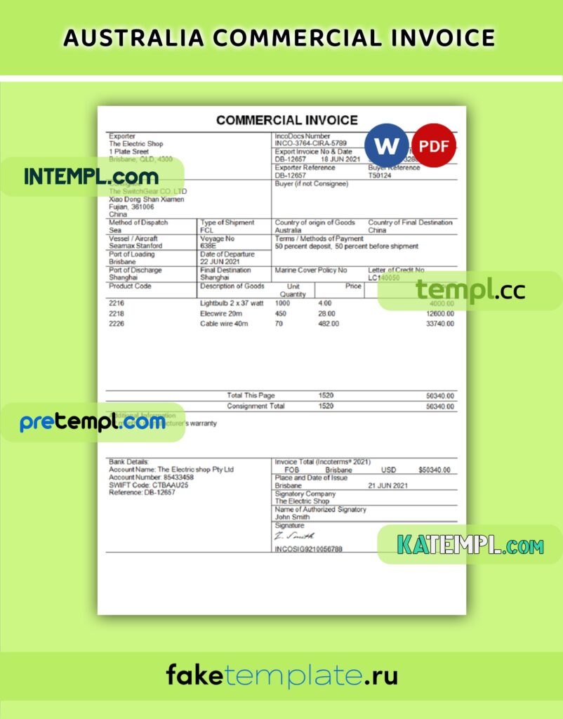 Australia commercial invoice Word and PDF download template